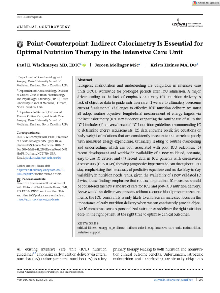 Indirect Calorimetry in ICU Nutrition | PDF | Intensive Care Medicine ...
