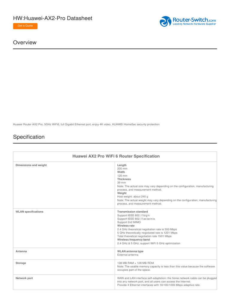 HW - Huawei Ax2 Pro Datasheet | PDF | Wi Fi | Ieee 802.11