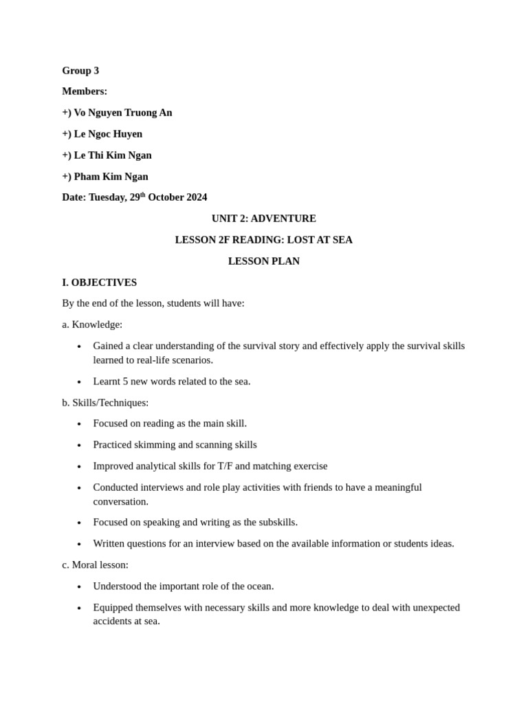 Lesson Plan: Lost at Sea Adventure | PDF | Vocabulary | Speed Reading