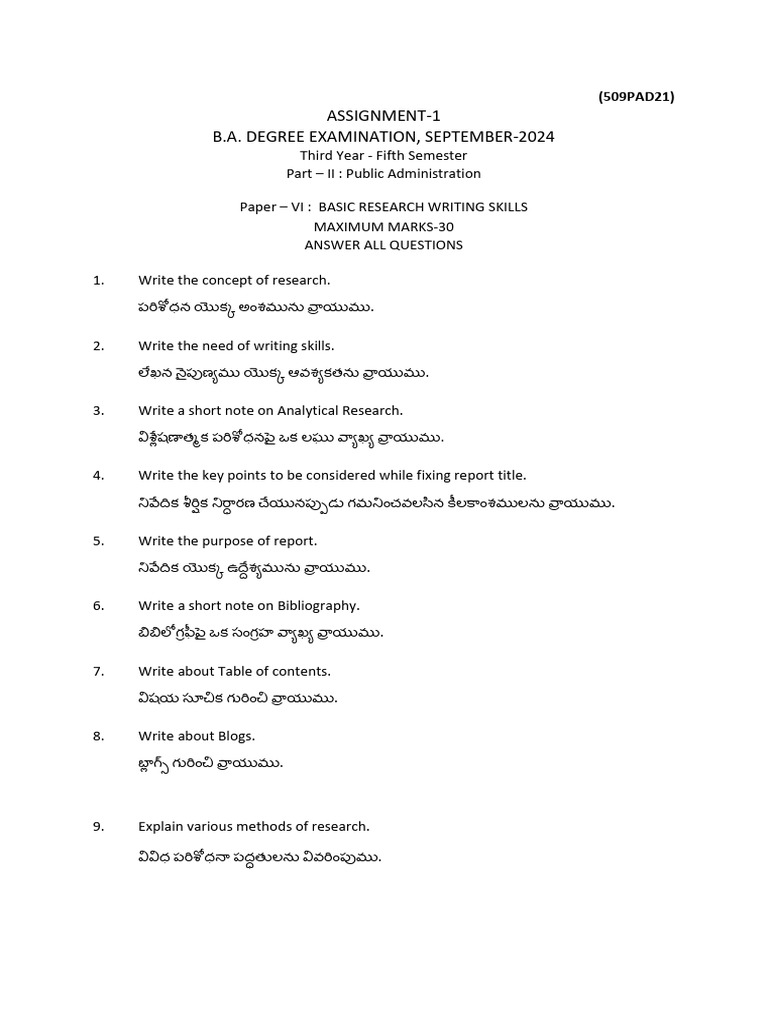 Assignment-1 B.A. Degree Examination, September-2024 | PDF