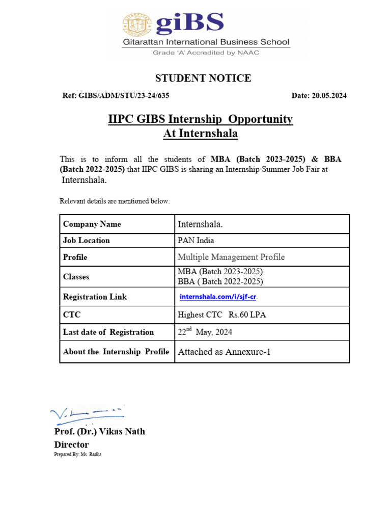 GIBS Internship Opportunity at Internshala | PDF | Career & Growth ...