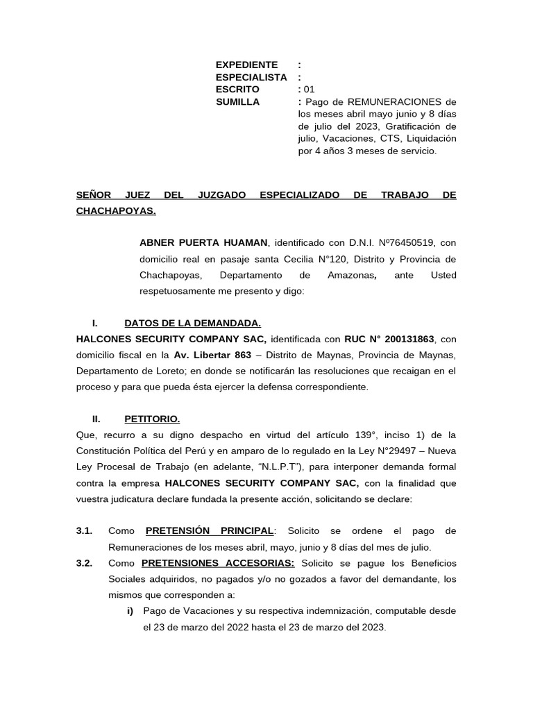 Demanda - Procesal Laboral | PDF | Derecho laboral | Demanda judicial