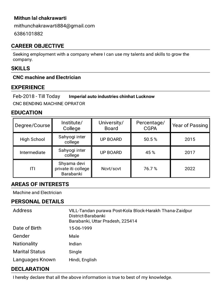 Resume - Mithun Lal Chakrawarti - Format1 | PDF