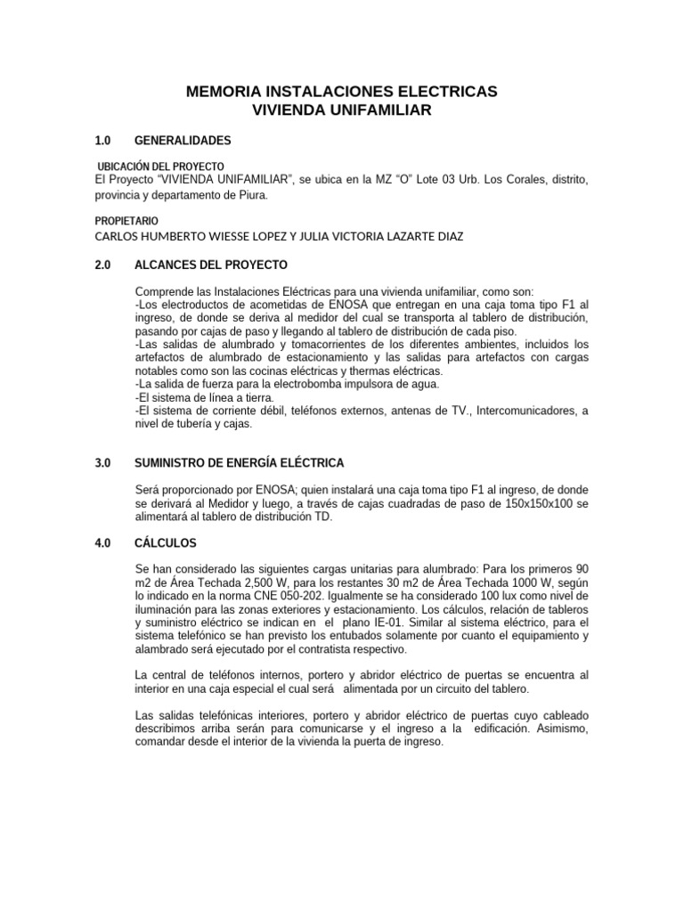 Memoria Descriptiva Inst. Electricas | PDF | Aislador (Electricidad) | Cobre