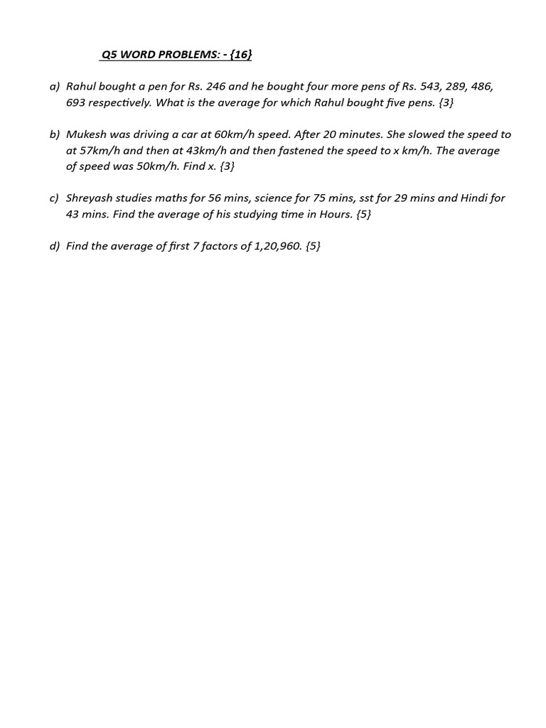 Maths Class V Test Ch 10 Average Pdf