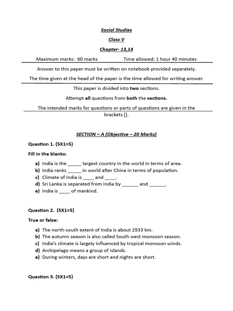 Class 5 Social Studies Exam | PDF | Monsoon | Tropical Cyclones