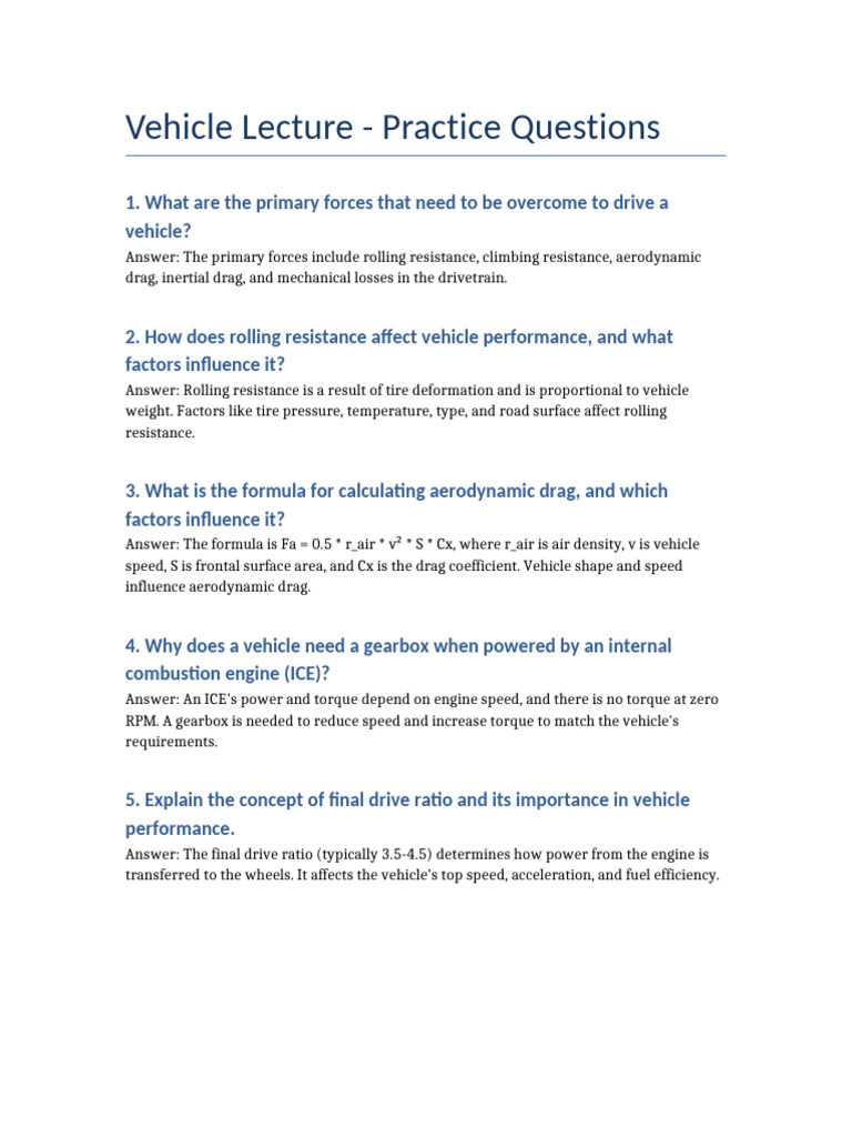 Vehicle - Lecture - Practice - Questions CHAT GPT | PDF | Engines ...