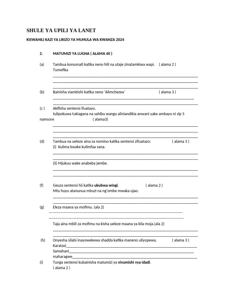 Kazi Ya Likizo Kidato Cha Pili 2024 | PDF