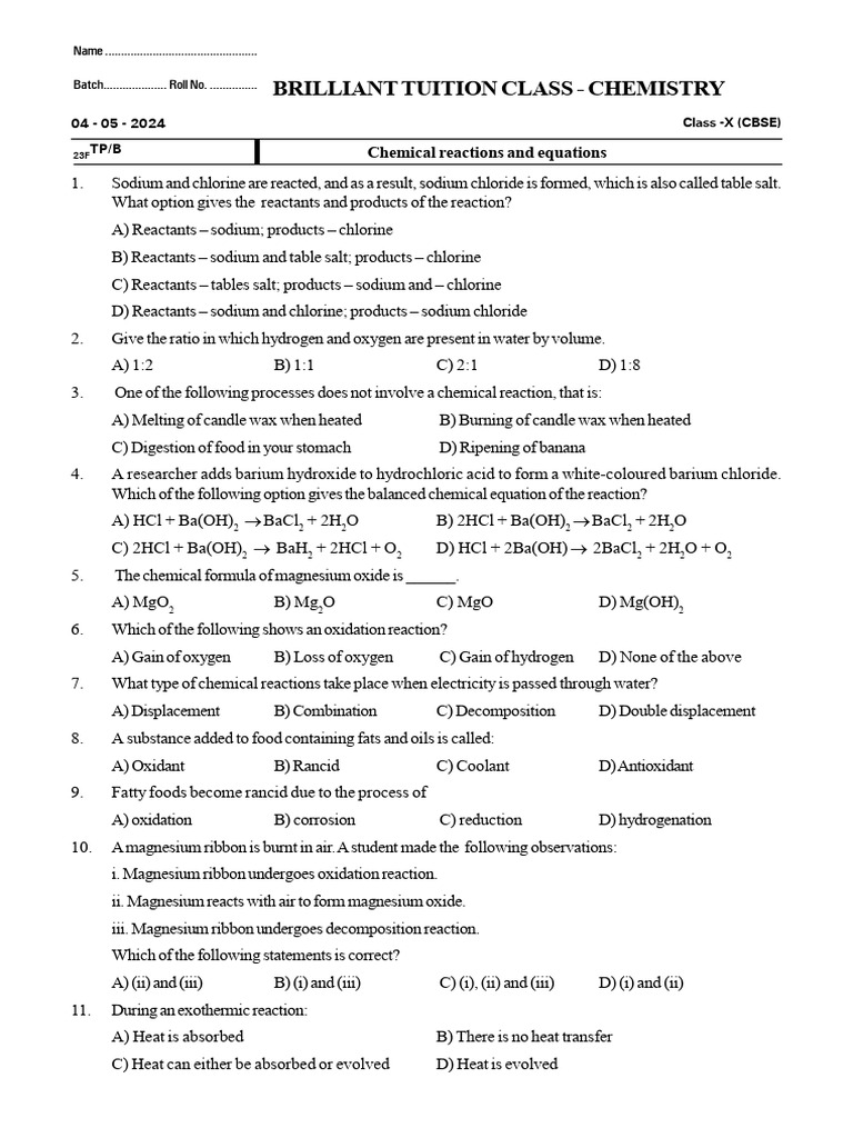 Chemical Reactions and Equations Quiz | PDF | Chemical Reactions | Chlorine