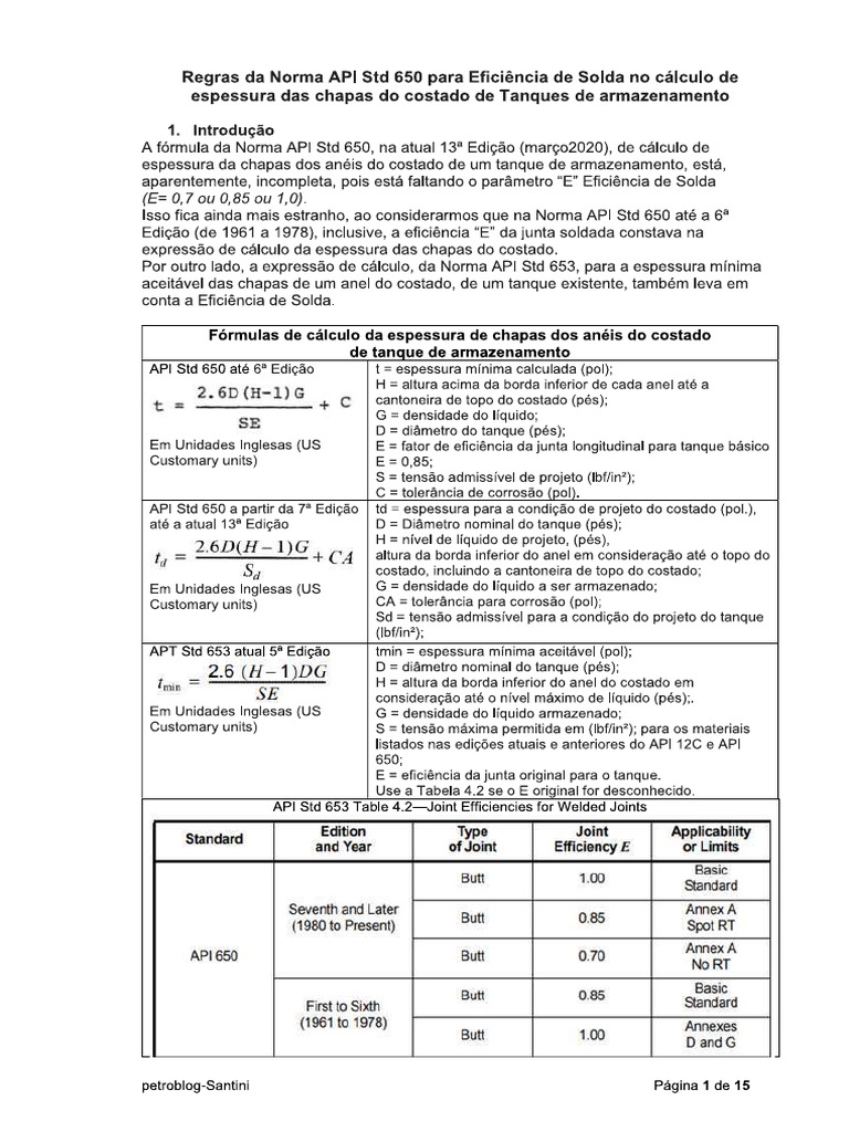 Regras Da Norma API STD 650 para Eficiência de Solda No Cálculo de | PDF