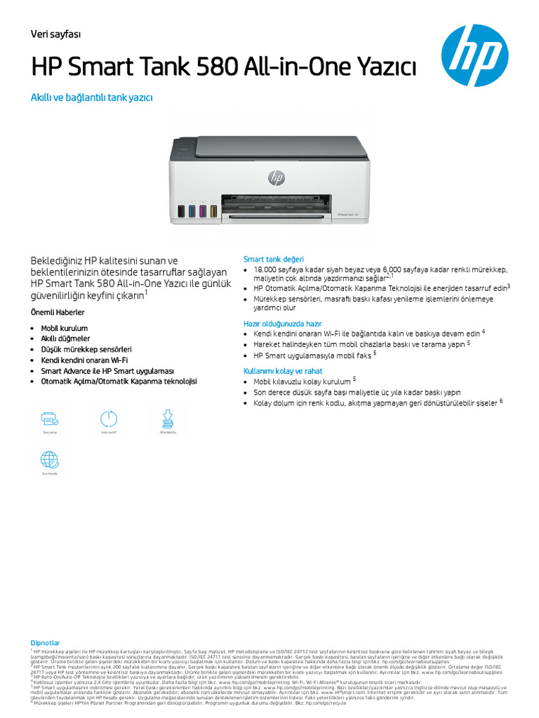 HP Smart Tank 580 All-n-One Yazıcı: Ver Sayfası | PDF
