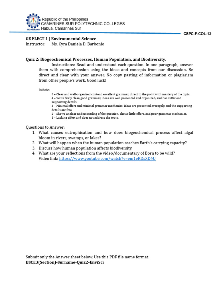 Quiz 2 EnviSci | PDF | Wellness