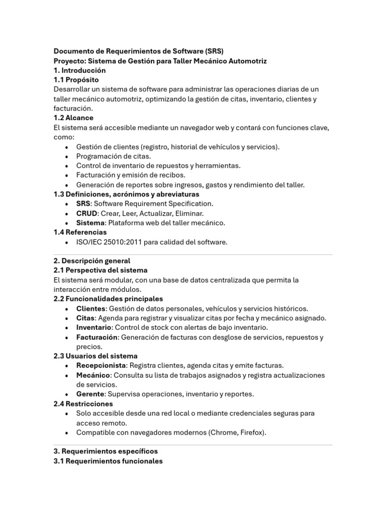 Documento de Requerimientos de Software | PDF | Software | Mi sql