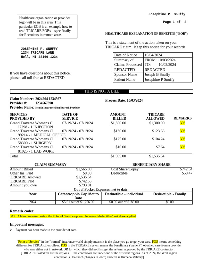 Spouse Snuffy Explanation of Benefits (EOB) | PDF | Health Economics ...