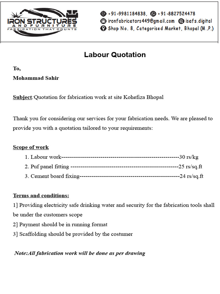 Fabrication Labour Quotation for Bhopal | PDF