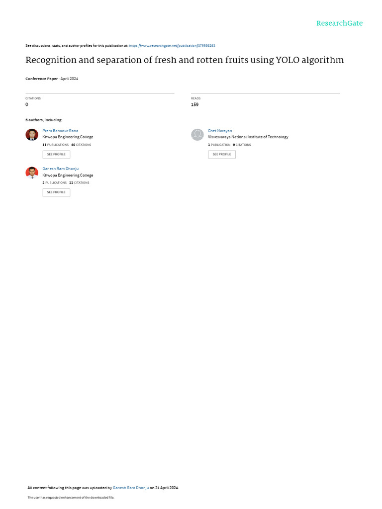 Recognition and Separation of Fresh and Rotten Fruits Using YOLO Algorithm | PDF | Machine ...
