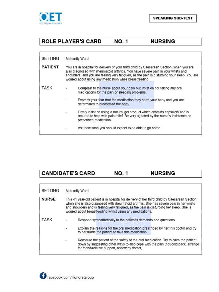 OET Nursing Role Play Cards 2008 | PDF | Dieting | Stroke