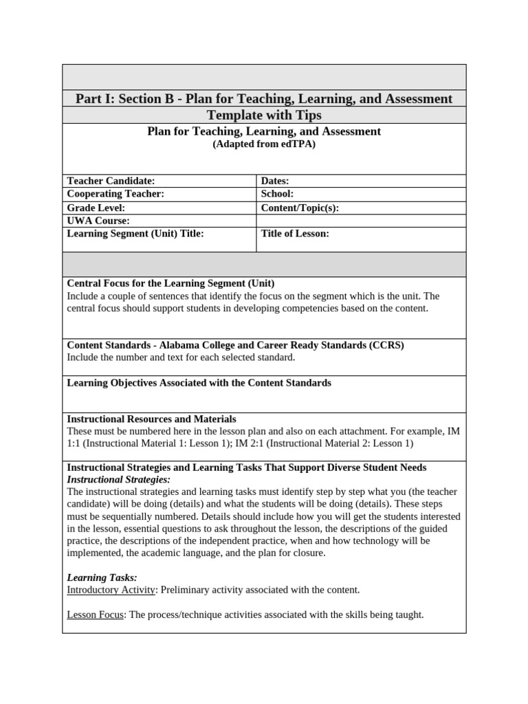 EdTPA Lesson Plan Template (One Lesson Plan) | PDF | Educational ...