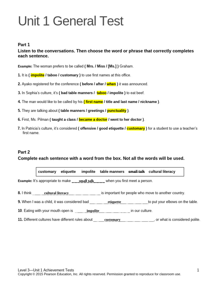 TN3 Unit 1 Assessment | PDF | All Rights Reserved