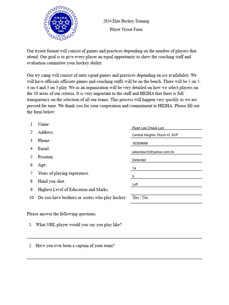 2024 Hockey Tryout Evaluation Form | PDF