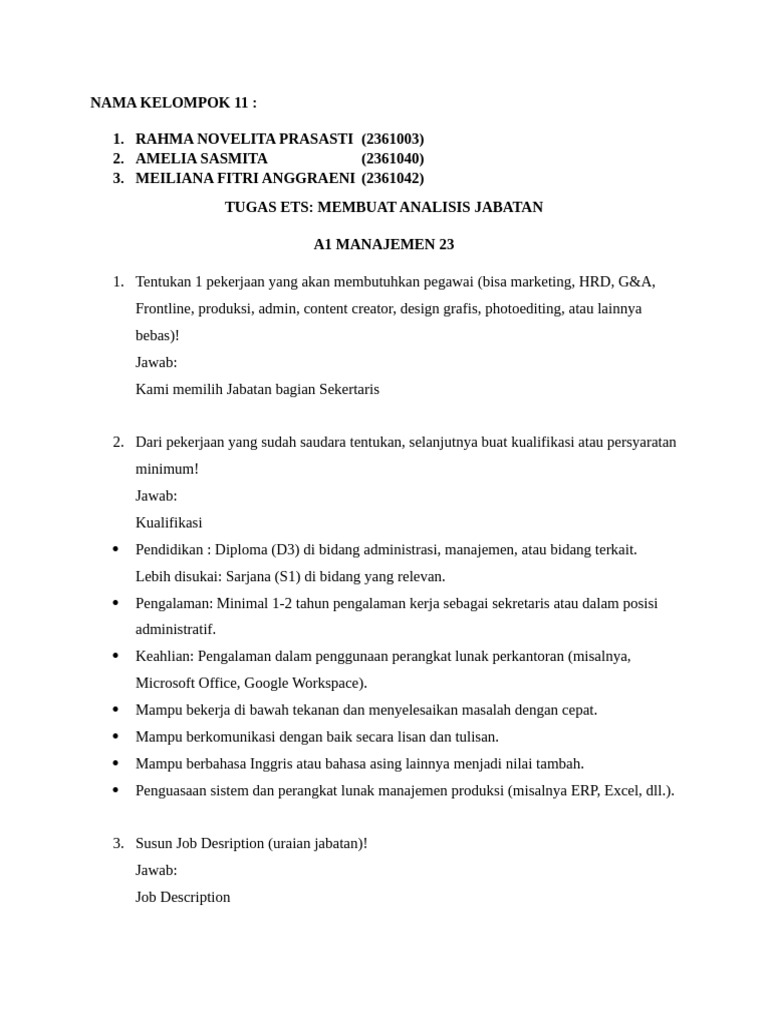 Analisis Jabatan Bagian Sekertaris Kel 11 (MSDM) 3 | PDF