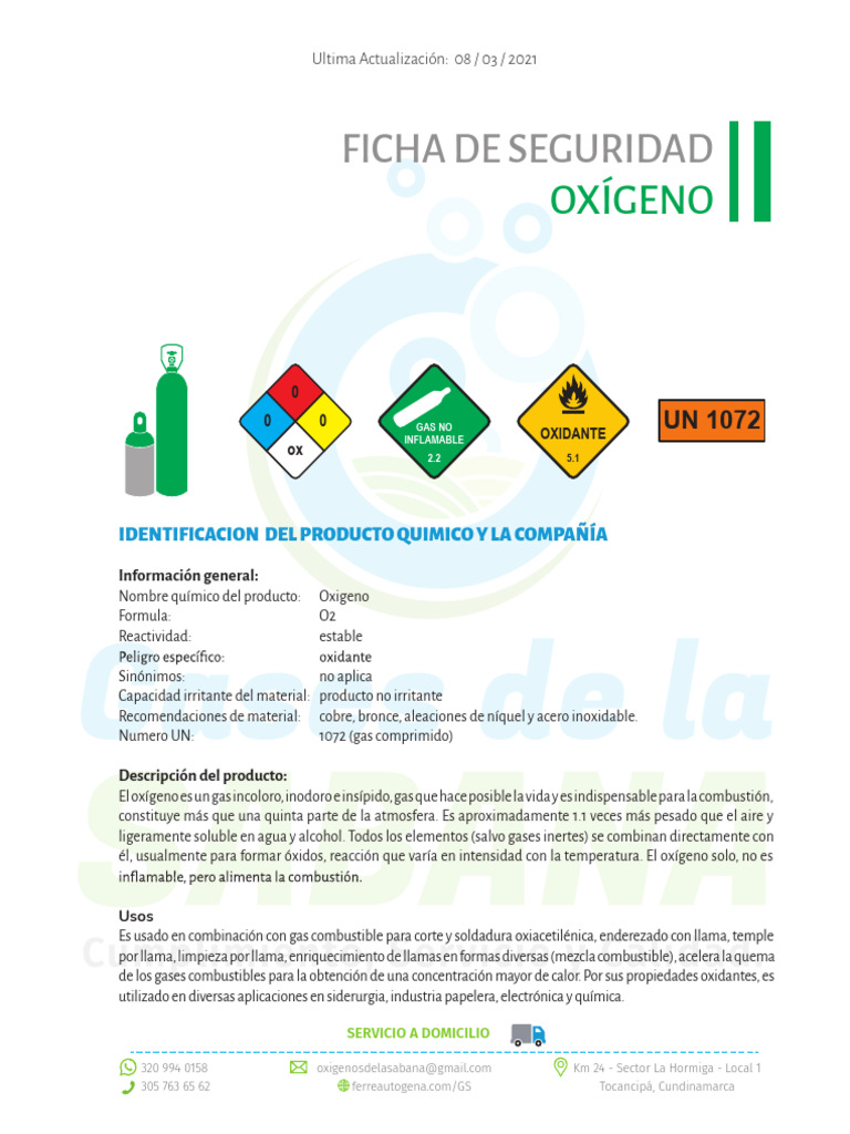 Ficha de Seguridad del Oxígeno | PDF | Oxígeno | Gases
