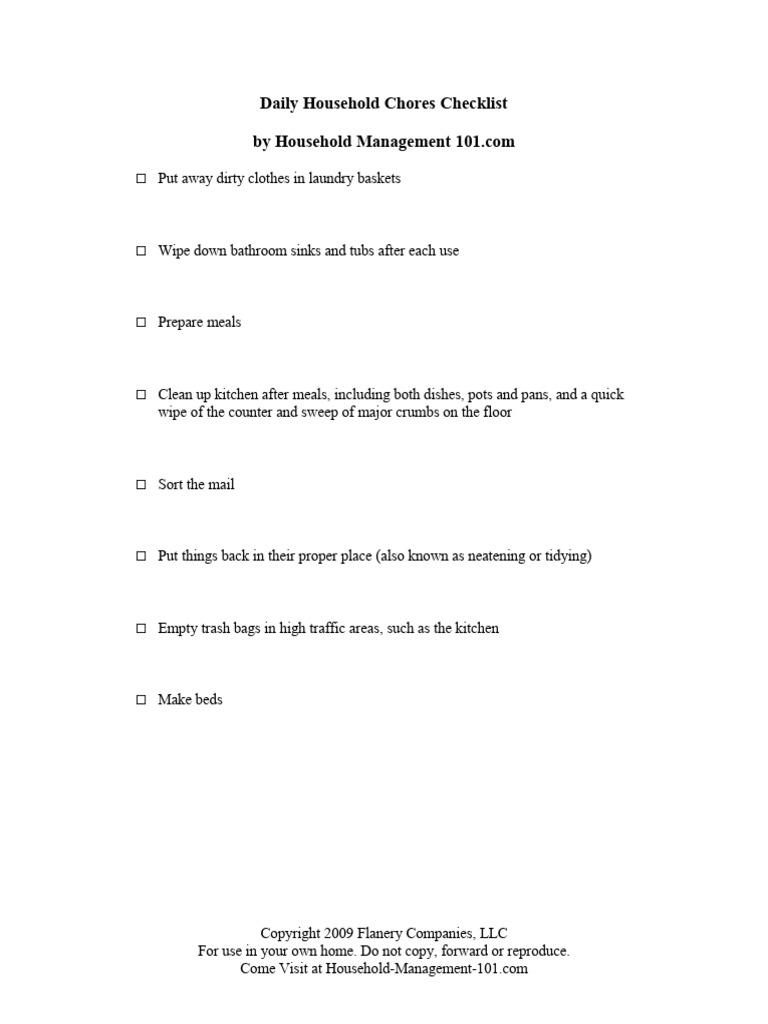 Daily Household Chores Checklist | PDF