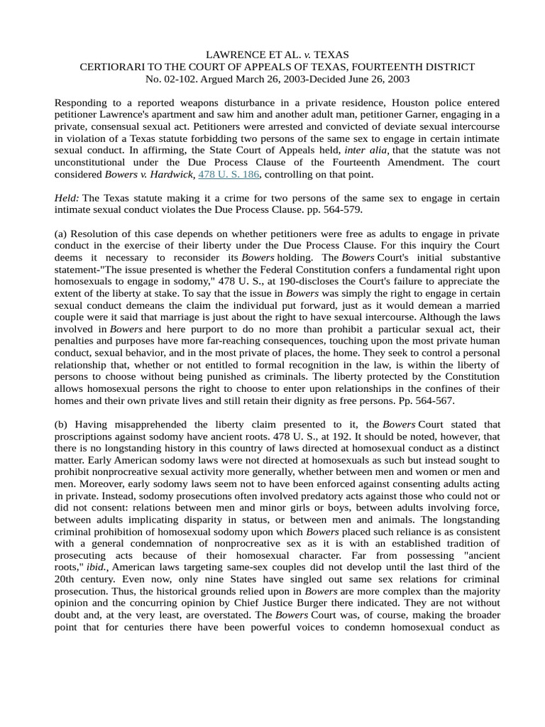 Supreme Court Overturns Texas Sodomy Law | PDF | Lawrence V. Texas ...