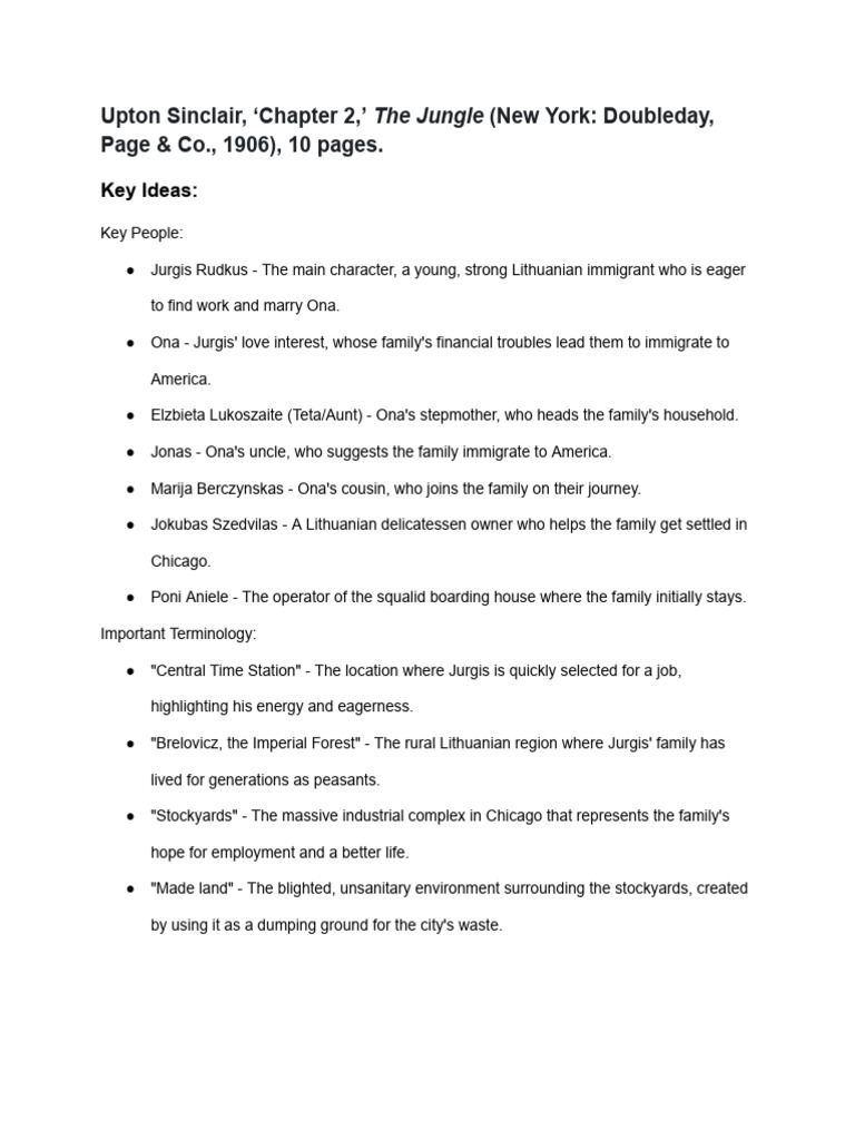 SUMMAY - Upton Sinclair, Chapter 2,' The Jungle (New York - Doubleday ...