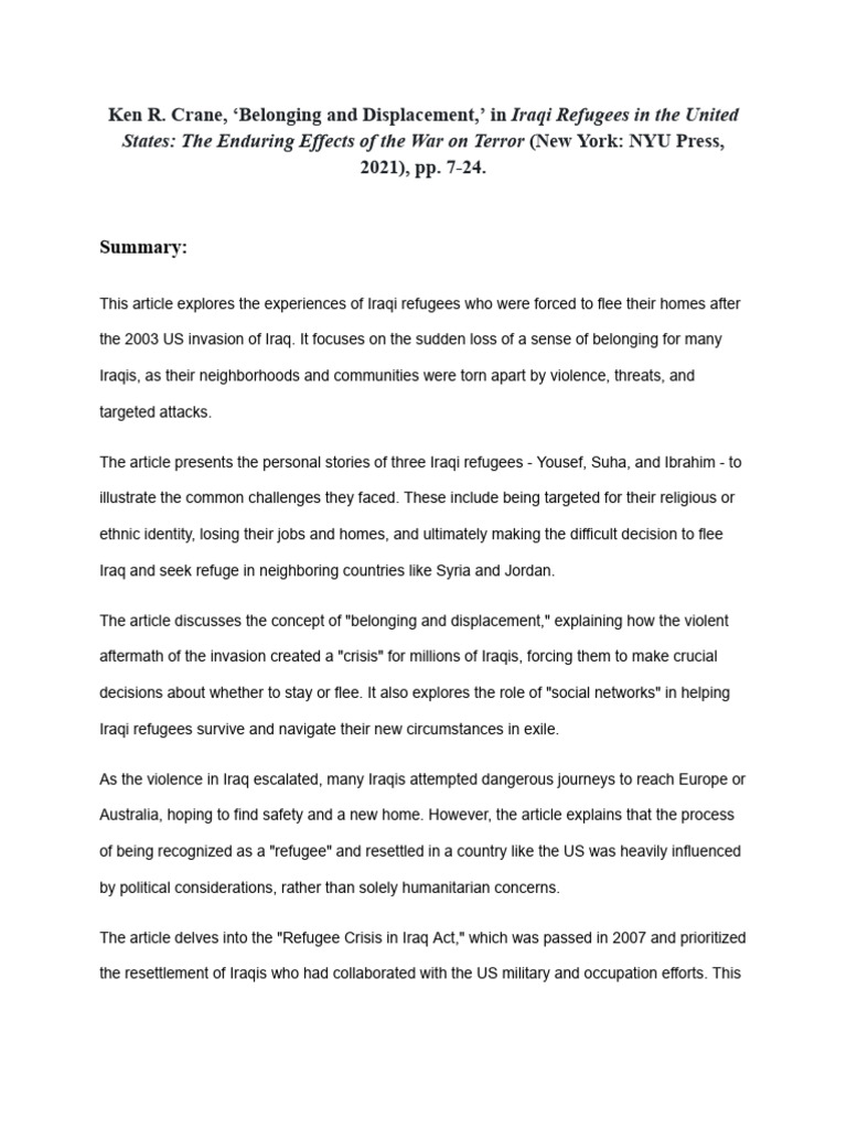 Iraqi Refugees in The United States: The Enduring Effects of The War On ...