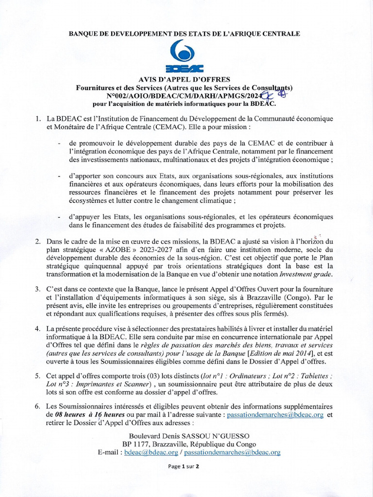 Avis D'appel D'offres Pour L'acquisition de Matériels Informatiques Pour La BDEAC | PDF