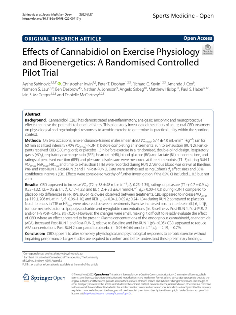 Effects of Cannabidiol On Exercise Physiology and Bioenergetics A ...