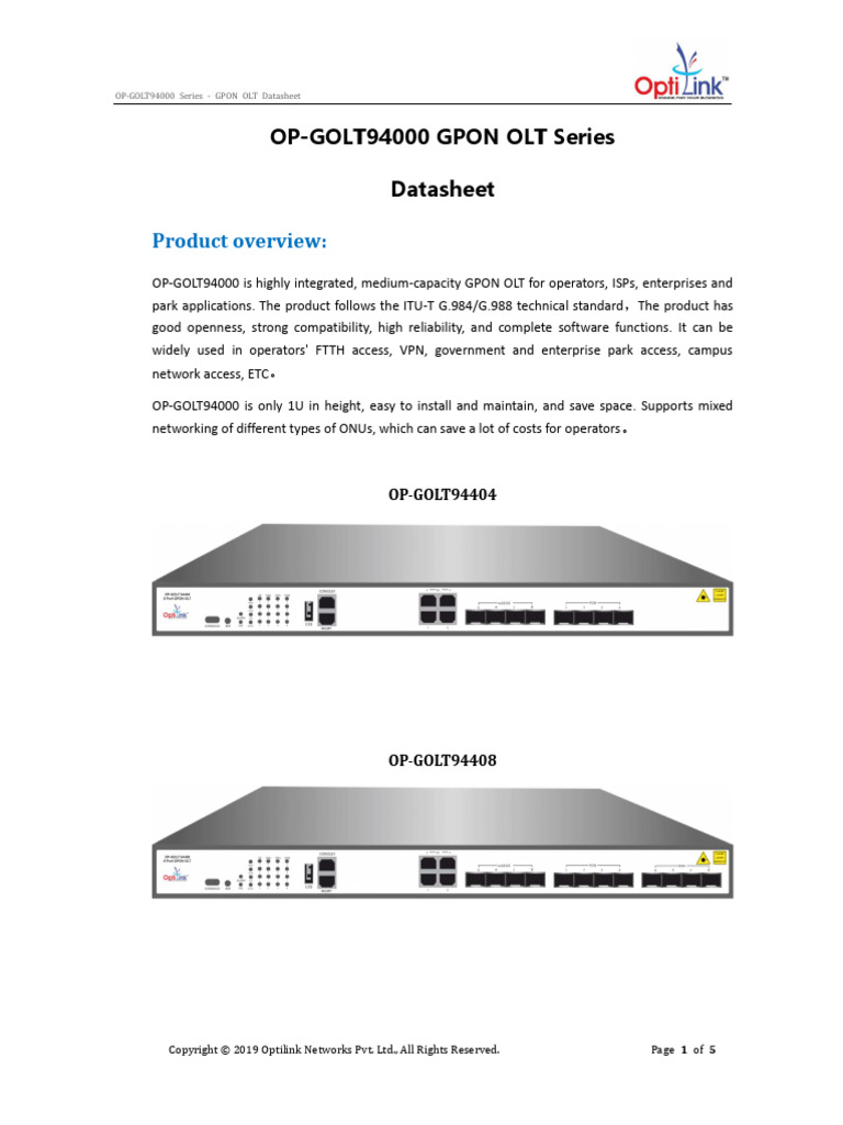 Op-Golt94000 Series - Gpon Olt Datasheet | PDF | Computer Network | Internet Protocols