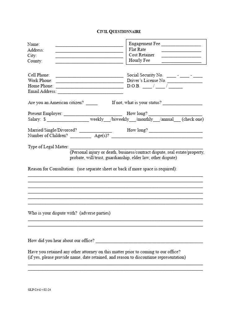 Civil Intake Questionnaire | PDF | Justice | Crime & Violence