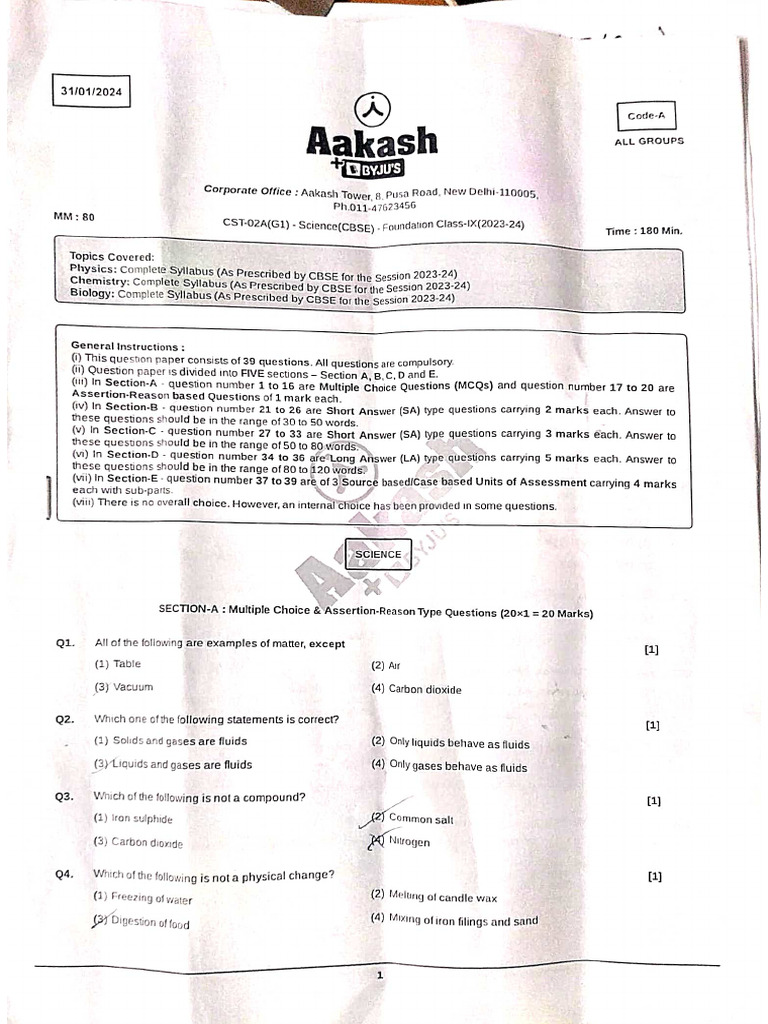 Aakash Subjective Test | PDF