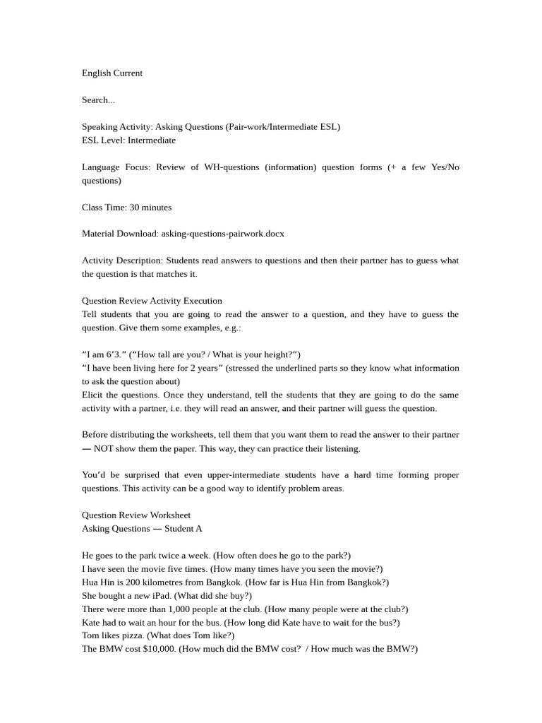 Asking Questions Exercise | PDF | Language Arts & Discipline