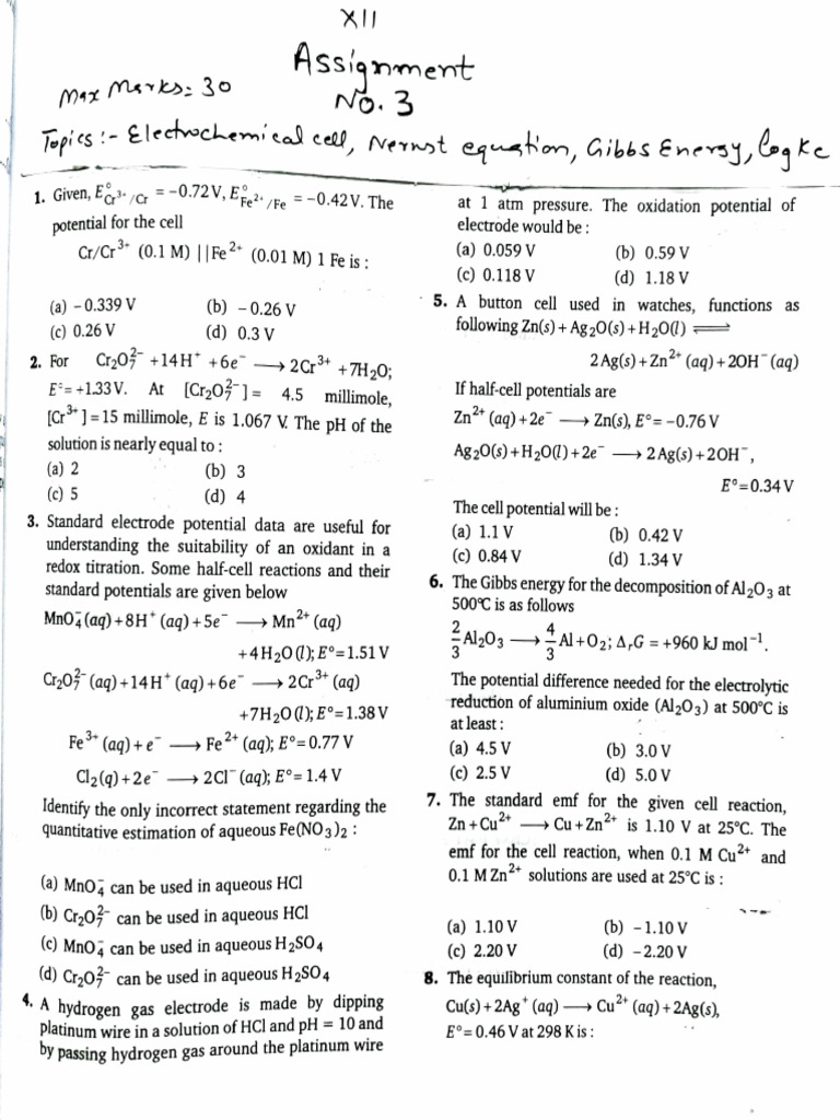 Electrochemistry Assignment No. 3 | PDF | Redox | Electrochemistry