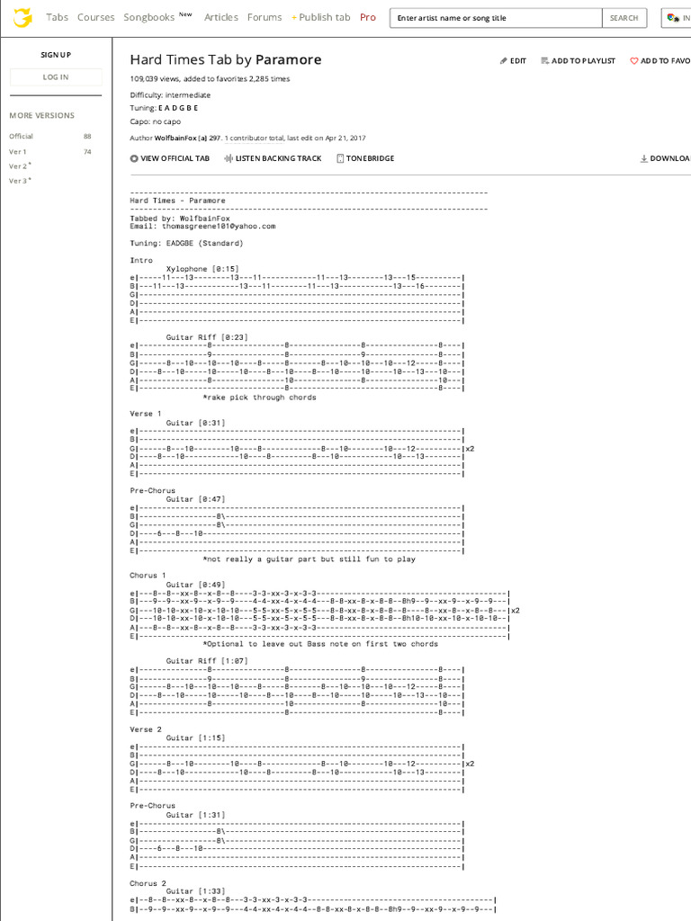 Paramore's "Hard Times" Guitar Tabs | PDF | Song Structure | Sound ...