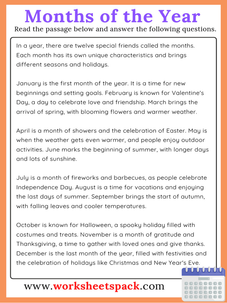 Months of The Year Reading Comprehension Passage | PDF