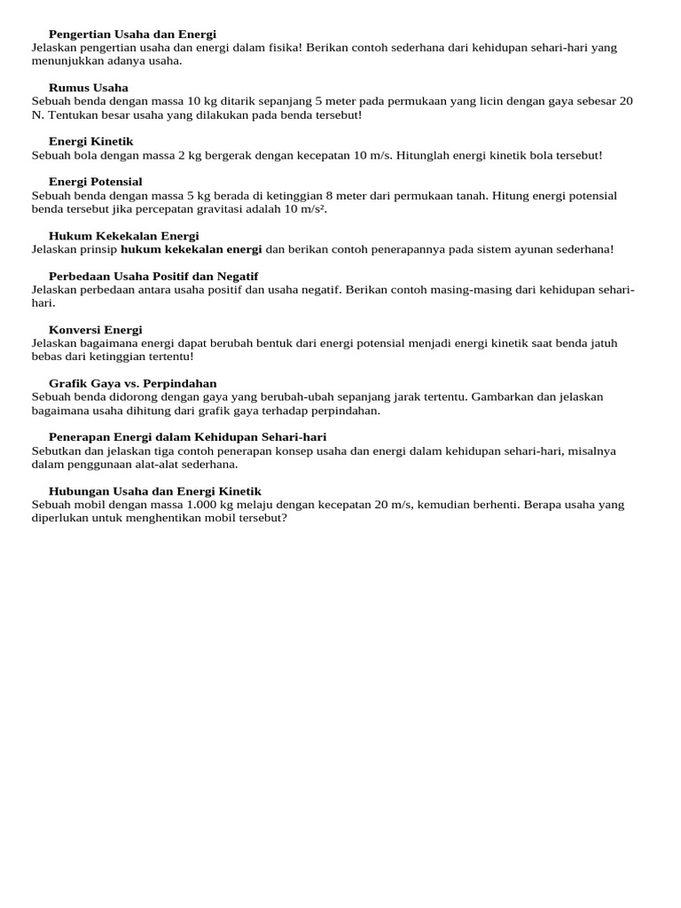 SOAL UH 1 IPA KELAS 8 MATERI Usaha Dan Energi | PDF