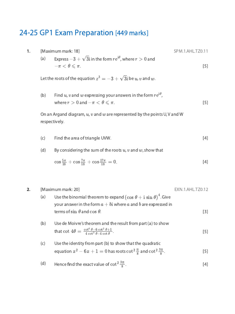 24-25 GP1 Exam Preparation | PDF | Equations | Zero Of A Function