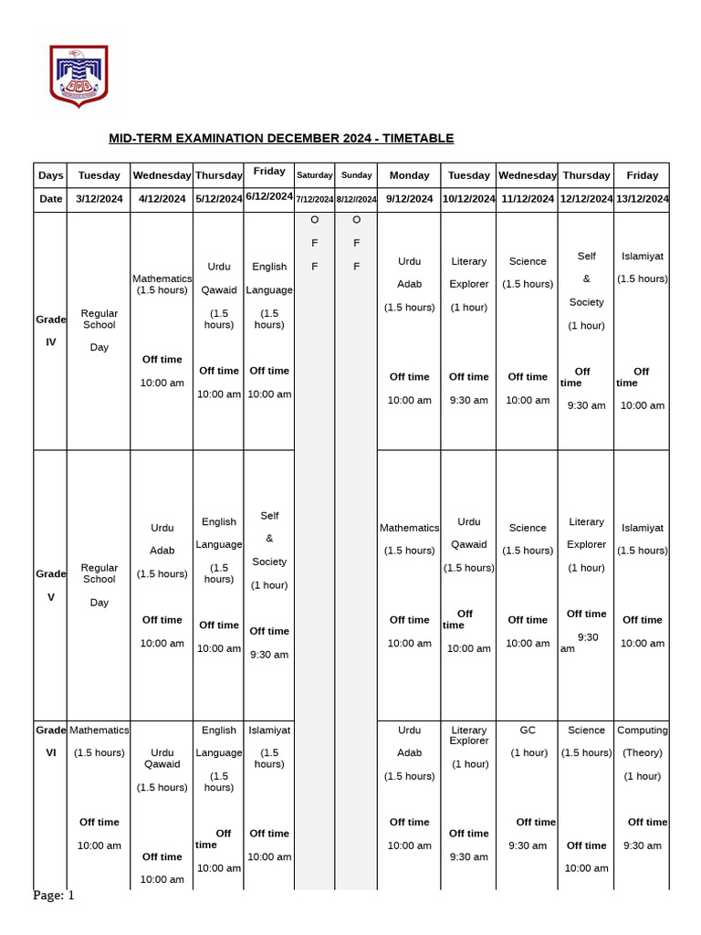 Mid-Term Examination December 2024 - Time Table | PDF