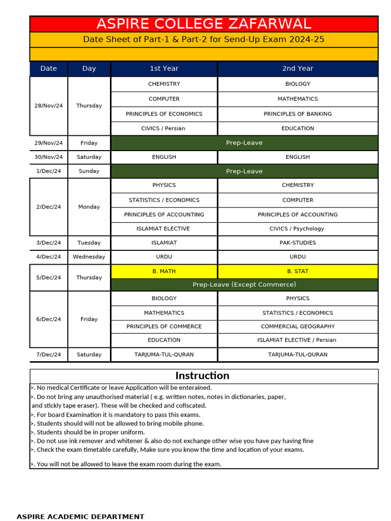 2024-25 Send-Up Exam Date Sheet | PDF
