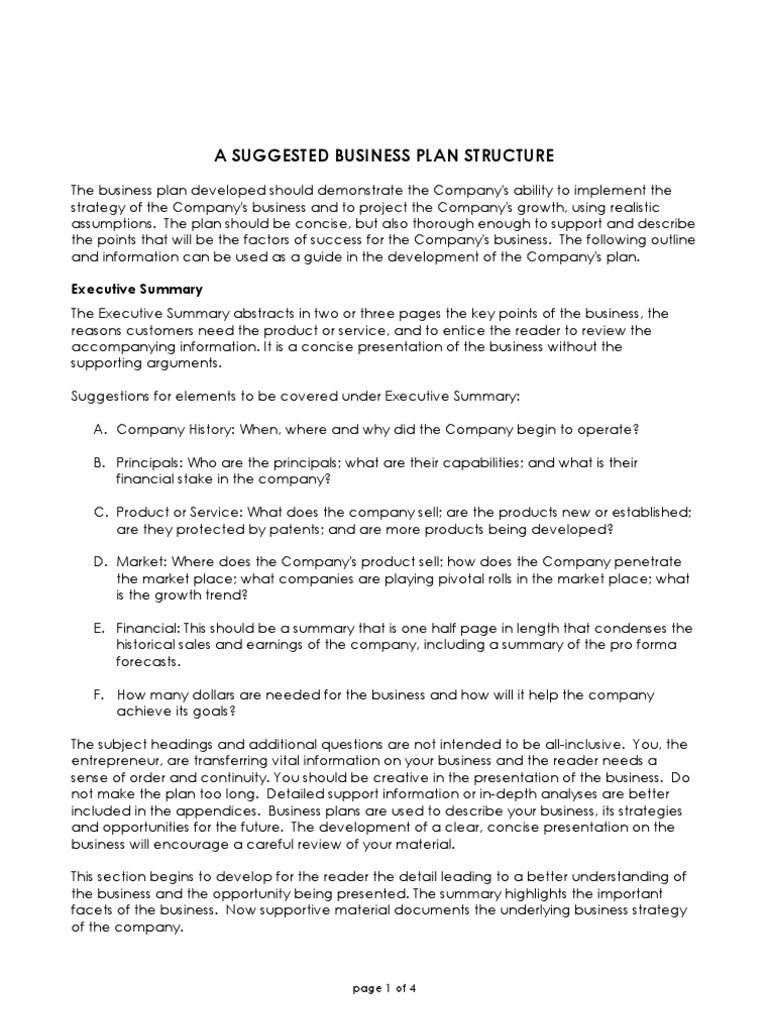A Suggested Business Plan Structure: Page 1 of 4 | PDF | Strategic ...