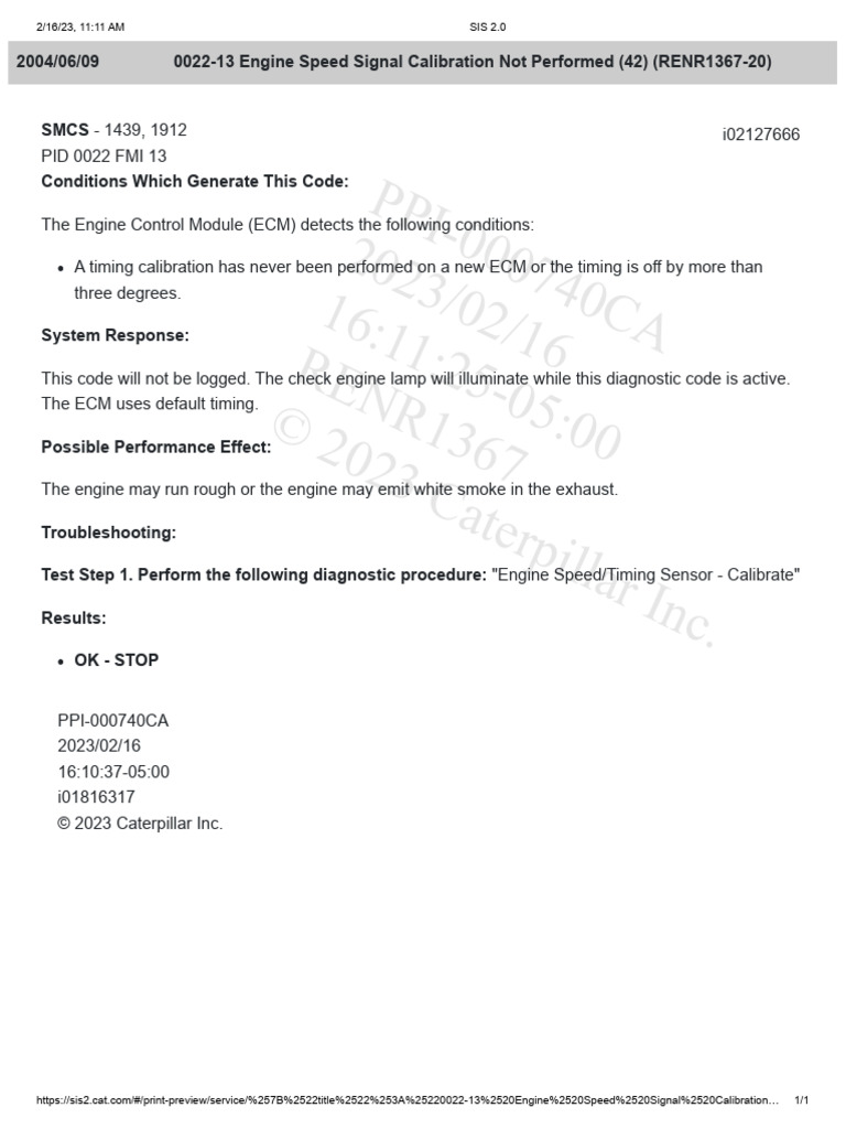 0022-13 Engine Speed Signal Calibration Not Performed | PDF