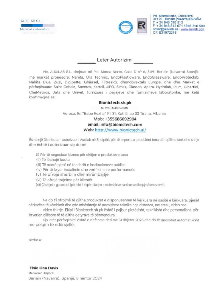 Authorization Letter Bionic Auxilab Shqip | PDF