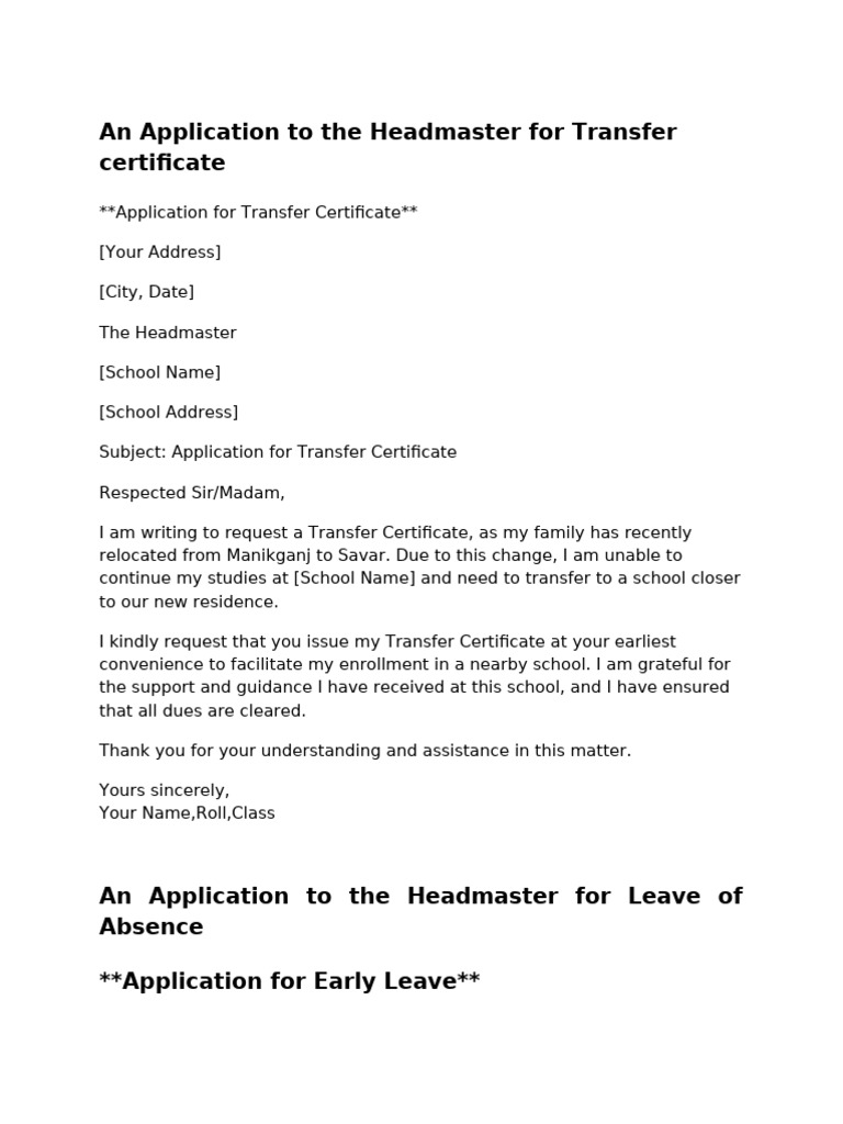 An Application To The Headmaster For Leave of Absence | PDF | English ...