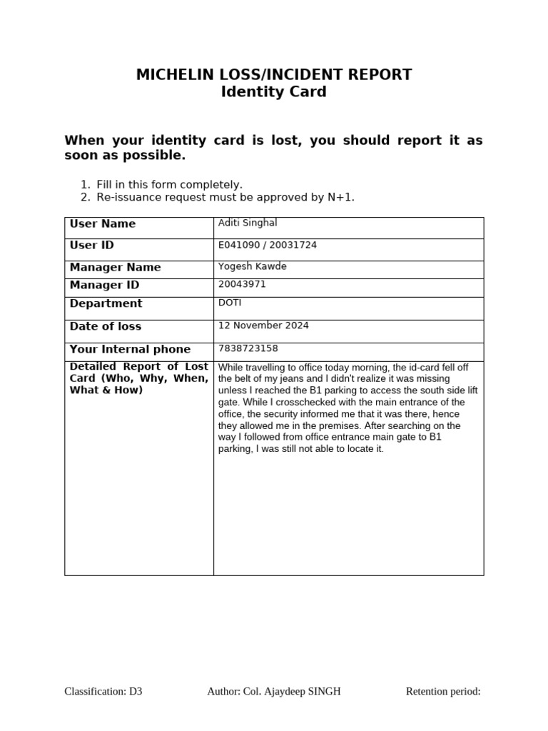Report Lost of ID Card_ AditiSinghal | PDF