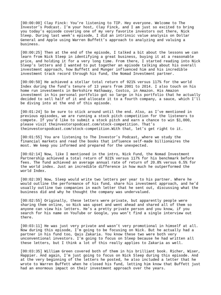 NICk Sleep | PDF | Stocks | Investing