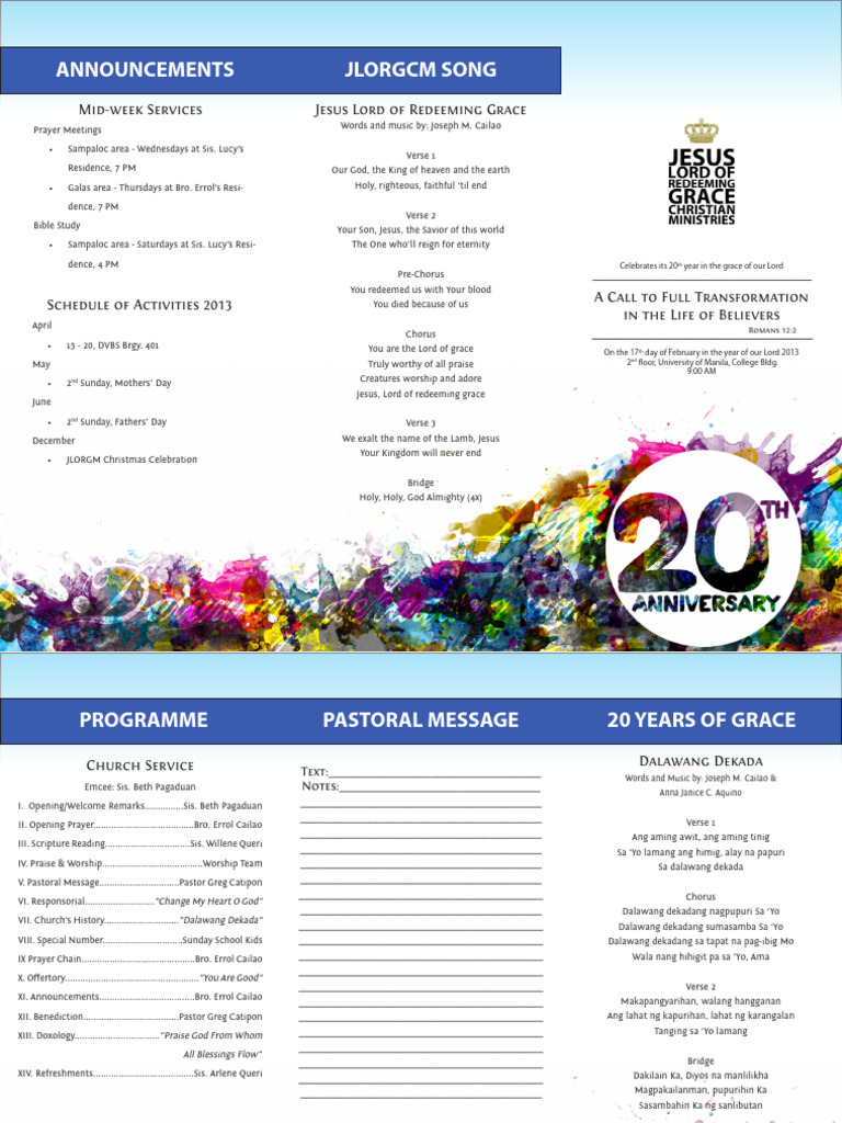 20th Anniversary Programme | PDF | Jesus | Religious Belief And Doctrine